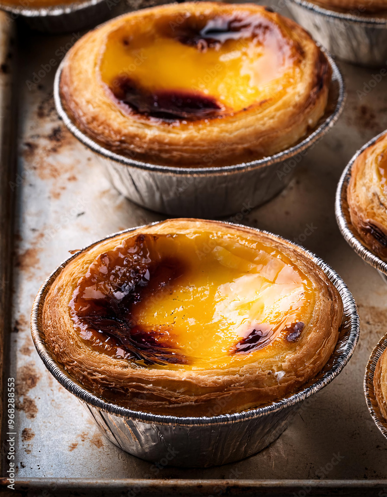 Vivid close-up of freshly baked egg tarts with flaky crusts and glossy ...