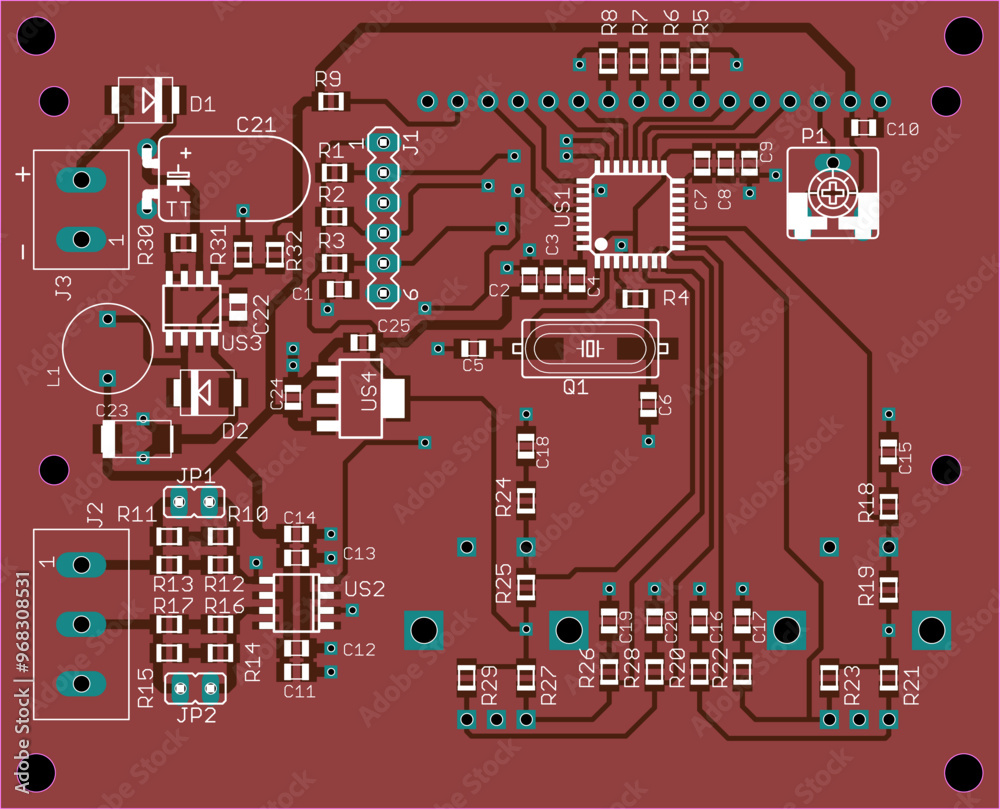Vector printed circuit board of electronic device with components of ...