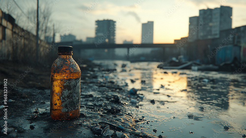 polluted river contaminated by industrial chemical waste, with murky ...