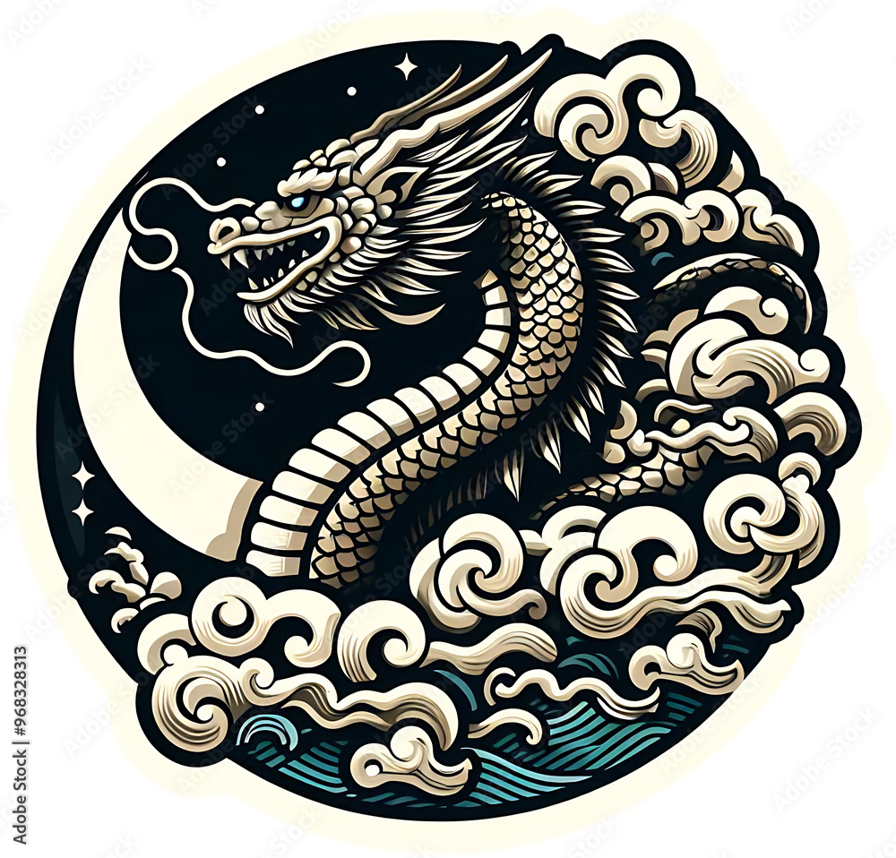 Mythical Dragon with Crescent Moon and Stars in Night Sky Tattoo Design ...