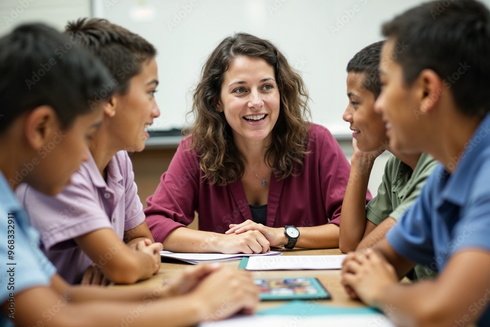 A group of students attentively listening to their teacher in a ...