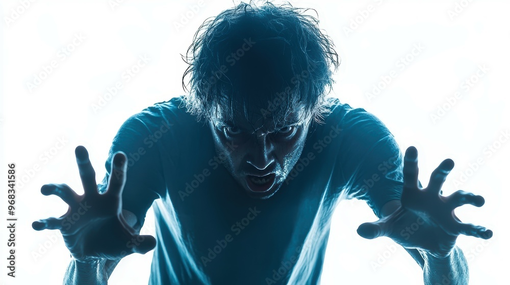 Full body shot of a fearful person, their body language tense and hands ...
