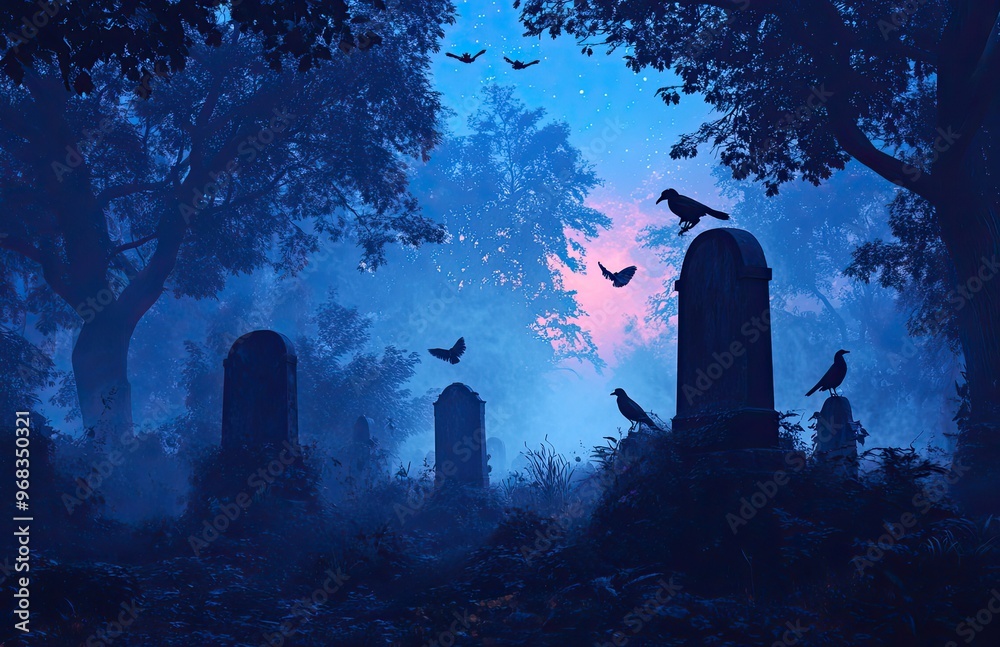 Mysterious graveyard scene at twilight, featuring silhouettes of ...