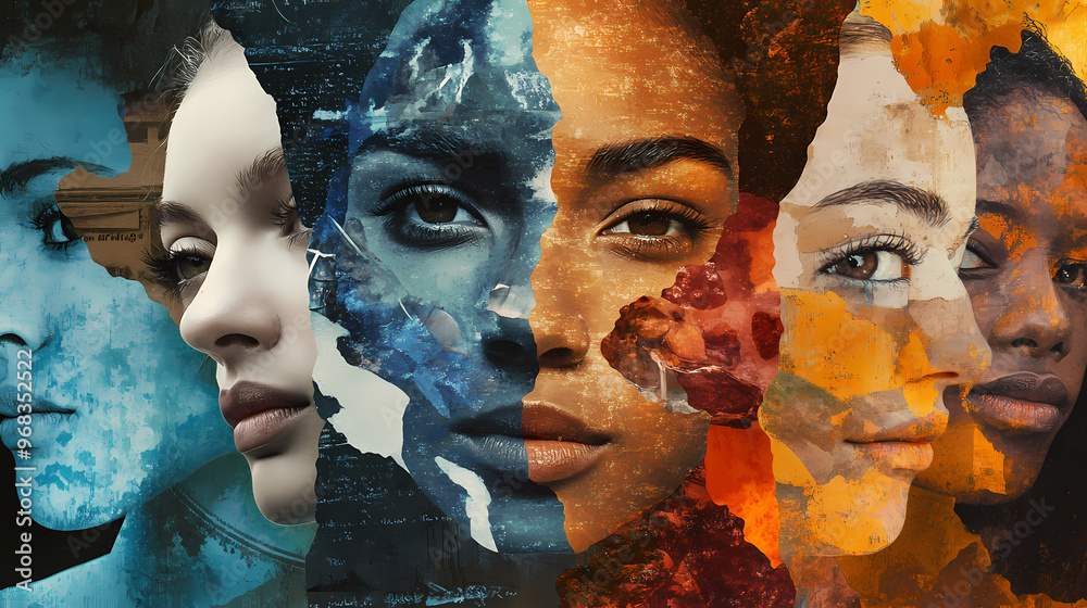 Dramatic collage of faces, different races and ethnicities, acceptance ...