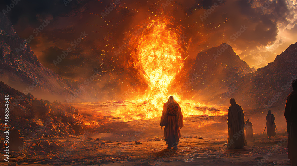 Gods appearance to moses at the burning bush in the desert on mount ...