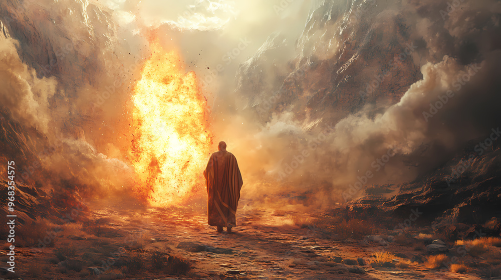 Gods appearance to moses at the burning bush in the desert on mount ...