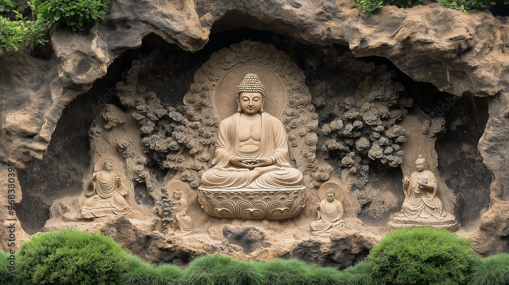 Ancient Buddhist art intricately carved into rock faces, featuring ...