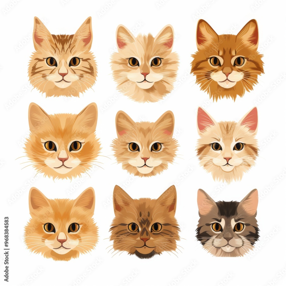 Cute Cat Faces Illustration Featuring Nine Different Feline Expressions ...