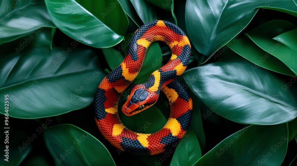 Coral Snake slithering through a jungle floor, its vivid red, yellow ...