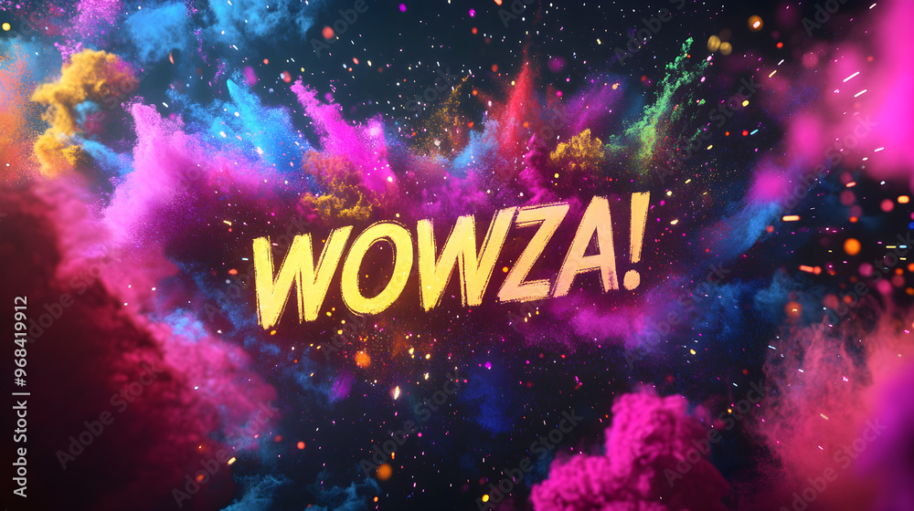 Speech bubble saying WOWZA!, exploding with bright neon colors and ...