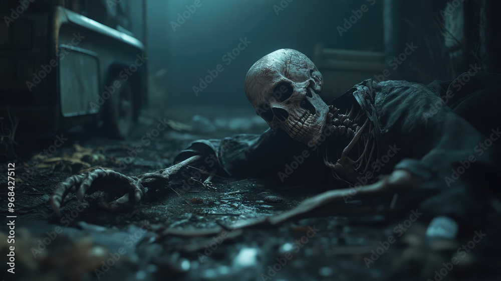 A terrifying infected figure hunched over in a dark corner of an ...