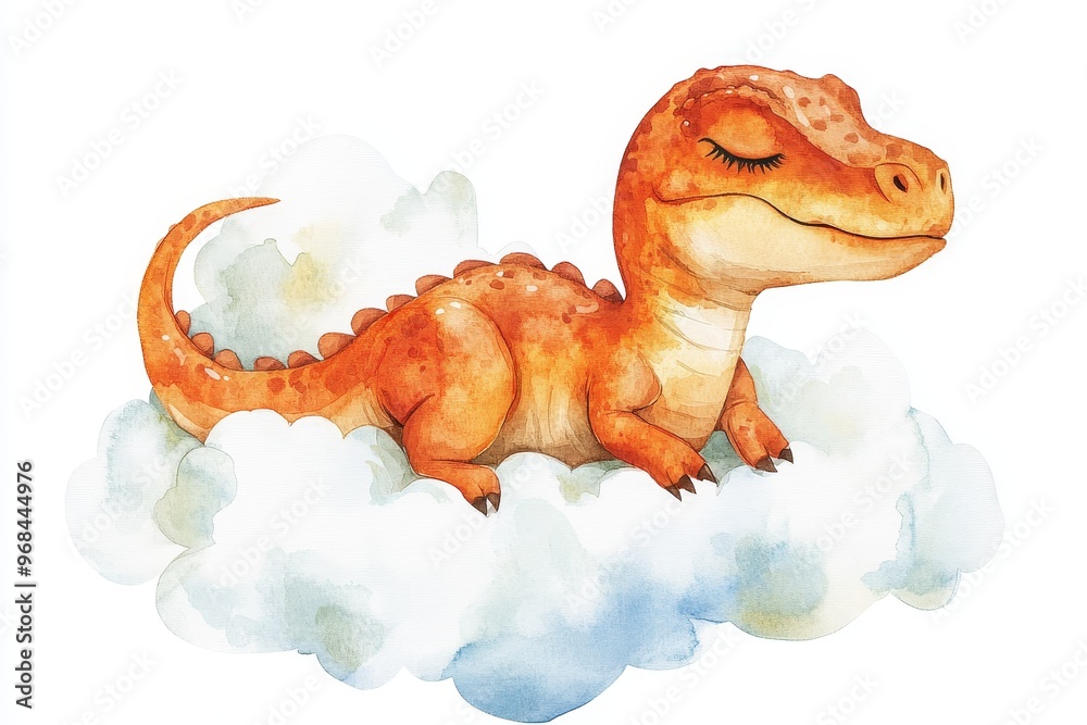 A charming watercolor illustration of a cute, little T-rex dinosaur ...