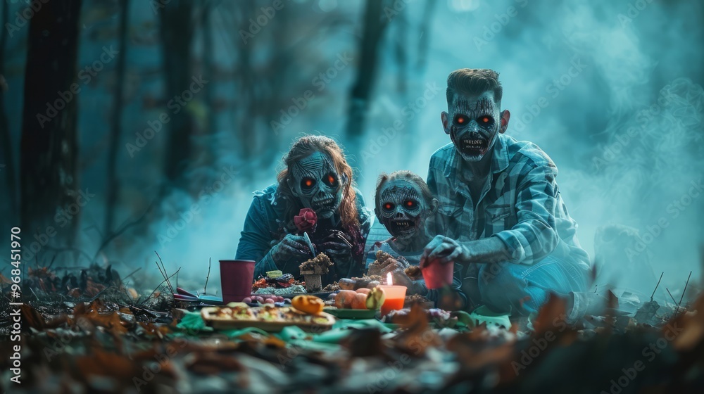 zombie family enjoying a picnic in a dark, desolate forest with eerie ...