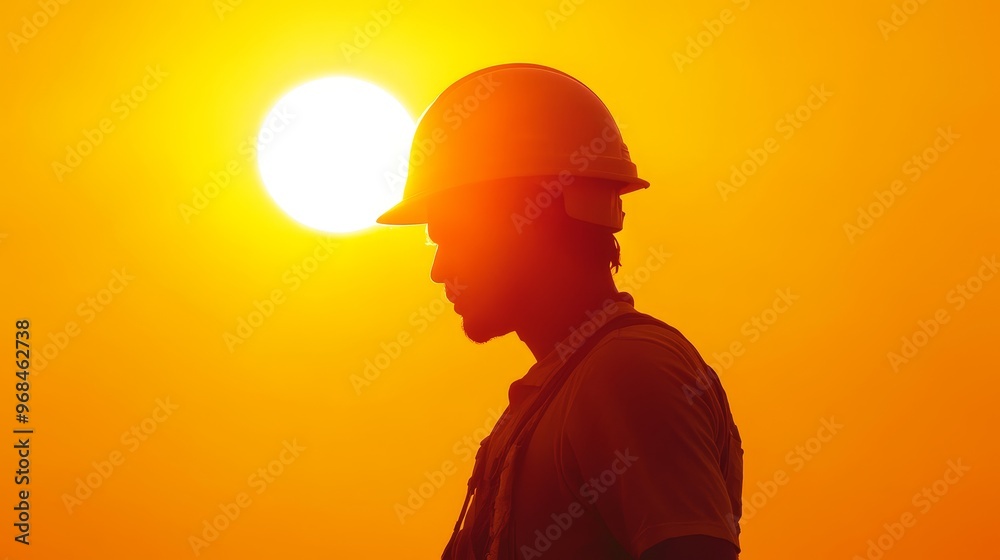 A silhouette of a construction worker wearing a hard hat, standing ...
