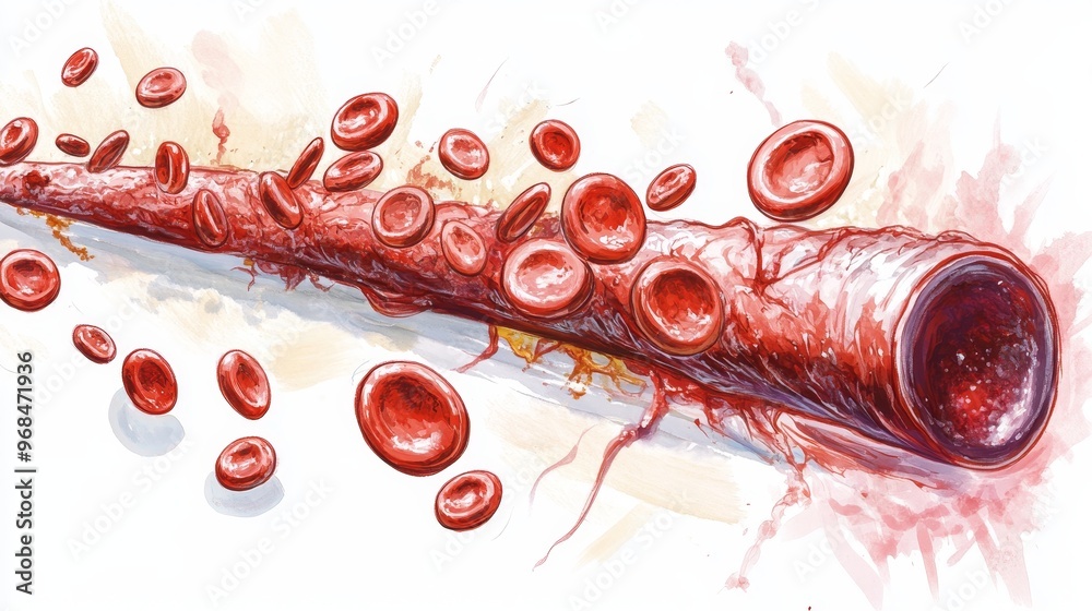 Illustration of blood vessels with red blood cells, representing ...
