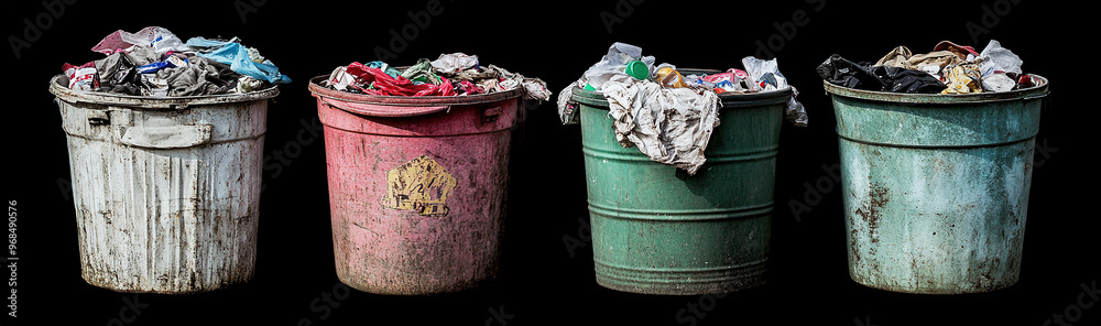 Four Diverse Trash Cans Overflowing with Garbage, Black Background ...