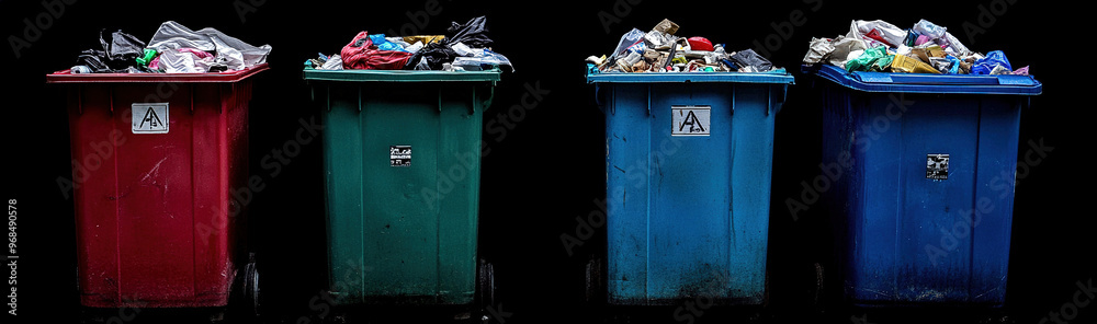 Four Diverse Trash Cans Overflowing with Garbage, Black Background ...