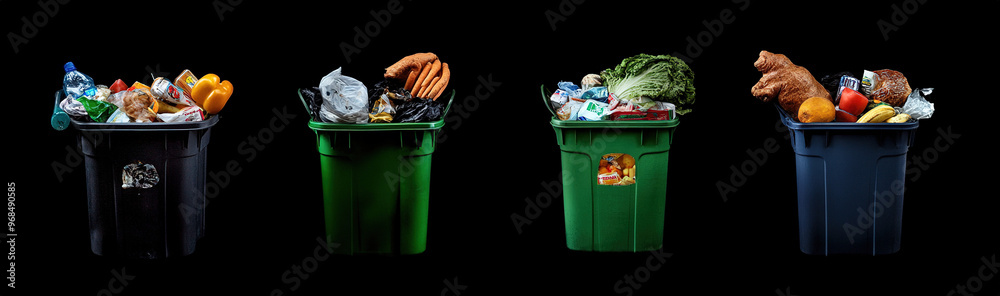 Four Diverse Trash Cans Overflowing with Garbage, Black Background ...