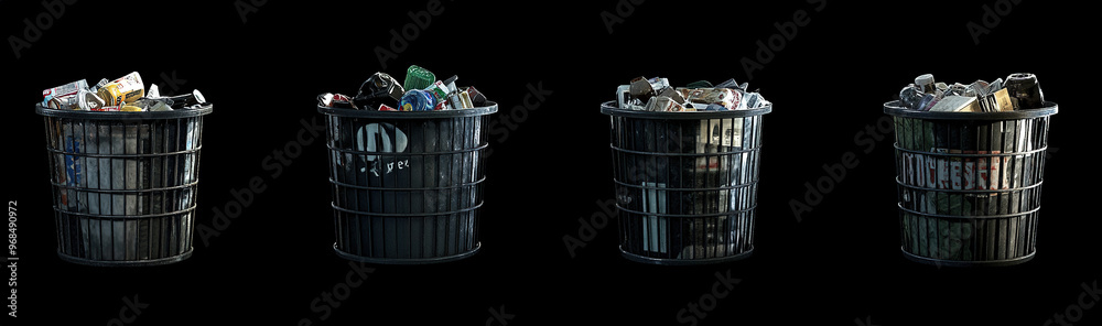 Four Trash Cans with Mixed Garbage on a Black Background - High ...