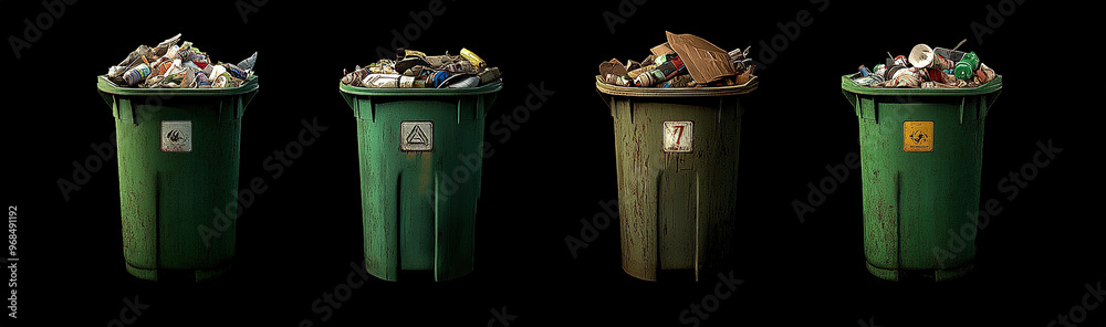Detailed High-Resolution Image of Four Trash Cans Filled with Different ...