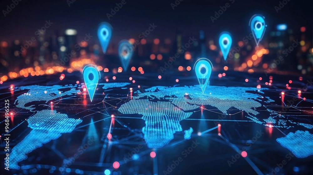 Global Network Map with Digital Location Markers, Connecting Cities and Continents with Digital ...