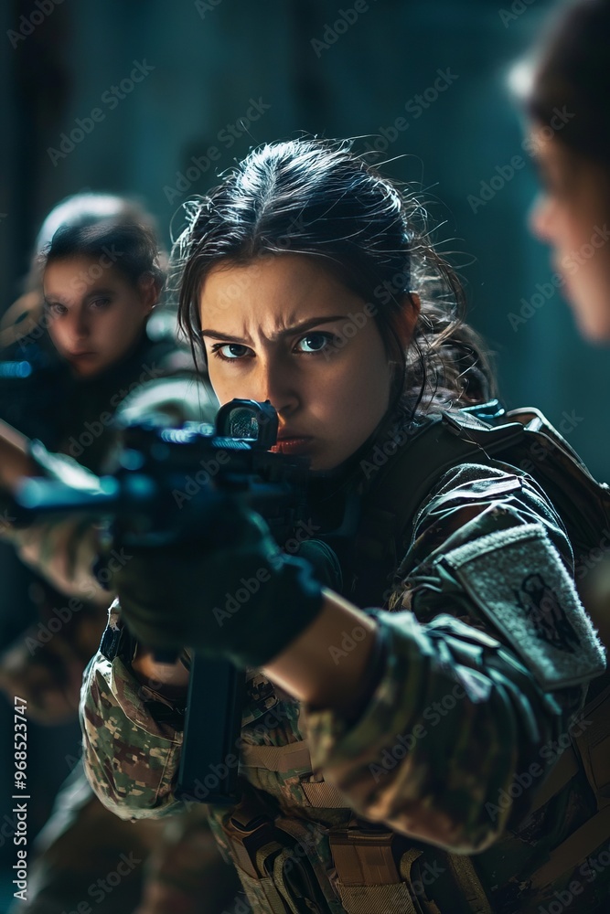 Female soldier performing a tactical drill with her team. Military ...