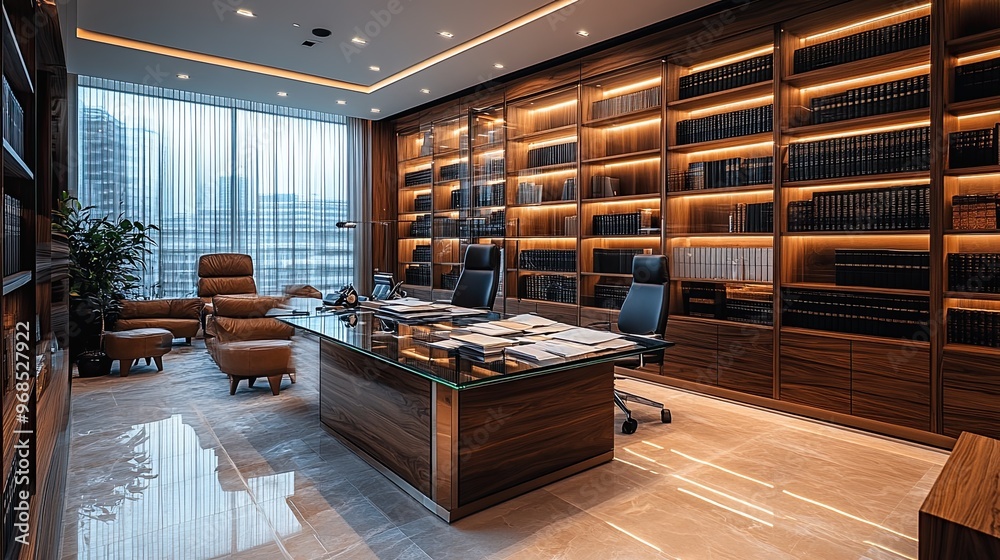18. A modern law office with sleek furniture, a glass desk covered in ...