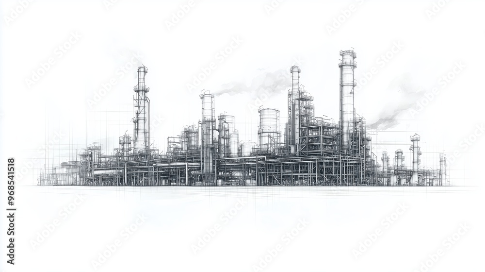 Line drawing depicting an industrial landscape featuring an oil ...
