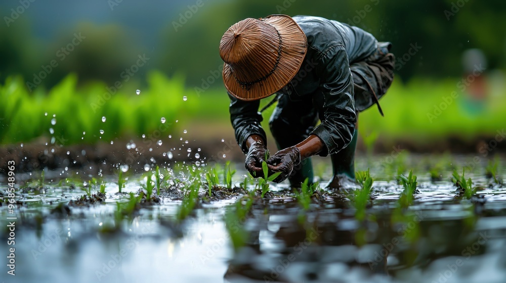 Miniature Farmer Planting Rice Seedlings in Flooded Paddy: Tiny Figure ...