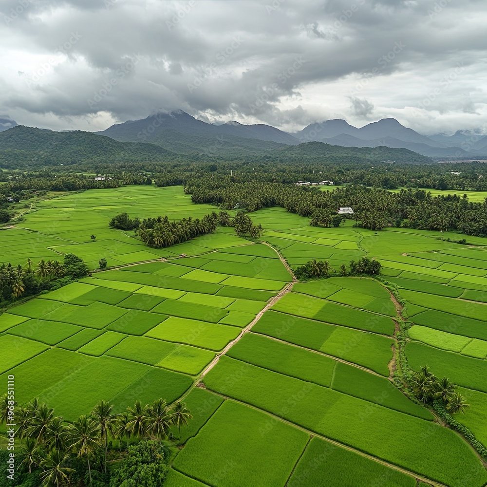 drone photo aerial view top angle cloudy day paddy rice fields fertile ...
