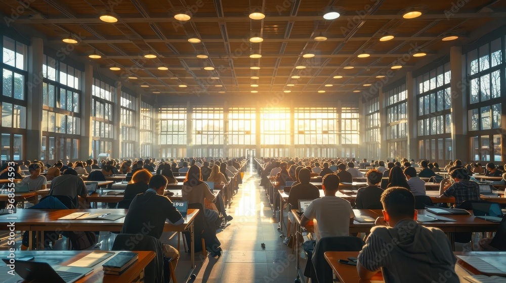 A vibrant classroom filled with students engaged in learning as the sun ...