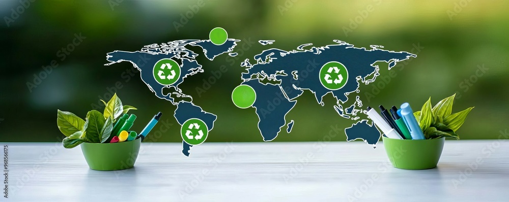 Global recycling symbols on a world map, green icons overlay ...
