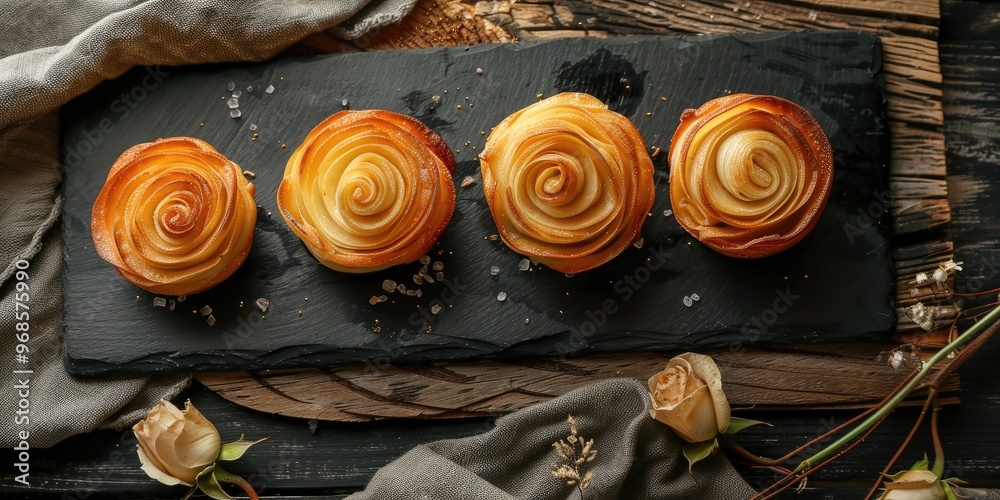 Chebakia pastries displayed on a slate plate atop a handmade tablecloth ...