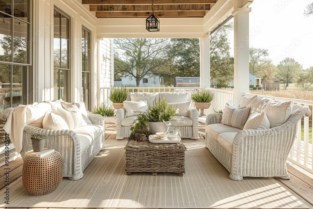 Symmetrical large front porch with white wicker furniture, farmhouse ...