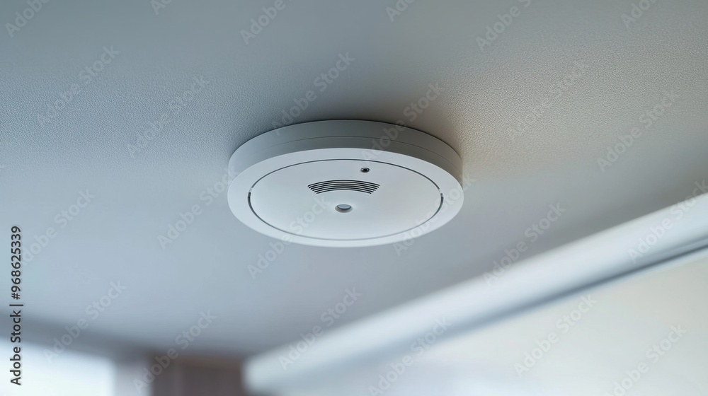 Smoke detector mounted on a smooth ceiling surface, blending into its ...