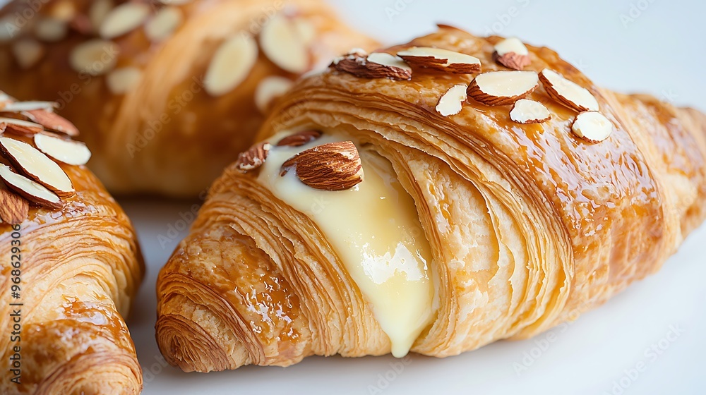 A high-definition close-up of a decadent, golden-brown croissant oozing ...