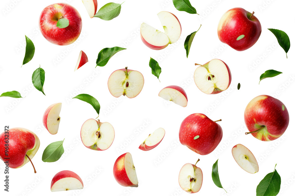 Flying apple fruit with half slices and leaves floating in the air ...