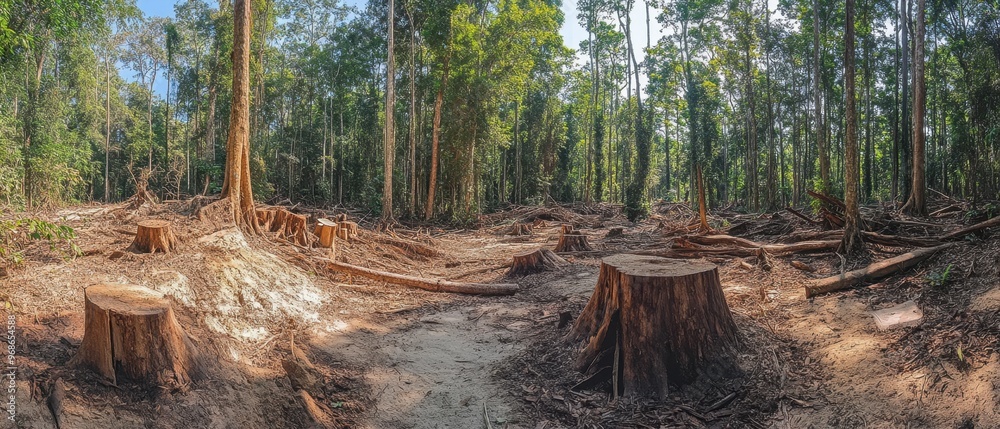 Devastated rainforest with large sections of trees cut down and exposed stumps, illustrating the ...
