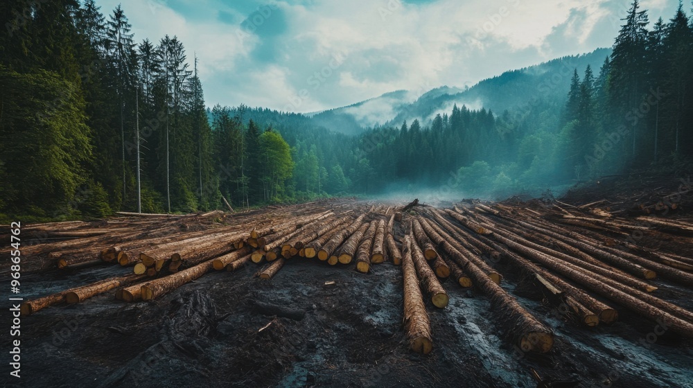 Logging process in a once dense forest now stripped of trees ...