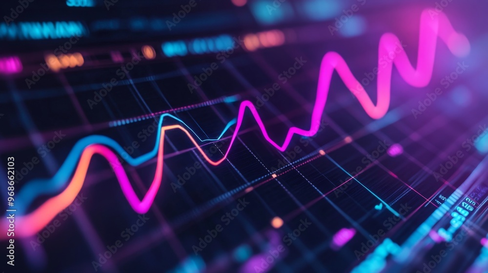 Close-up of a 3D line graph with rising curves, each axis highlighted ...