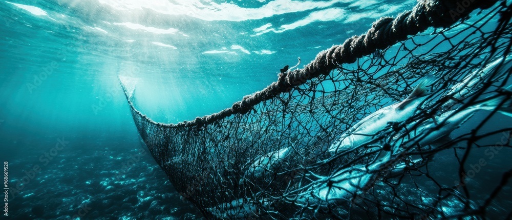 Overfishing crisis illustrated with empty fish nets and depleted waters ...