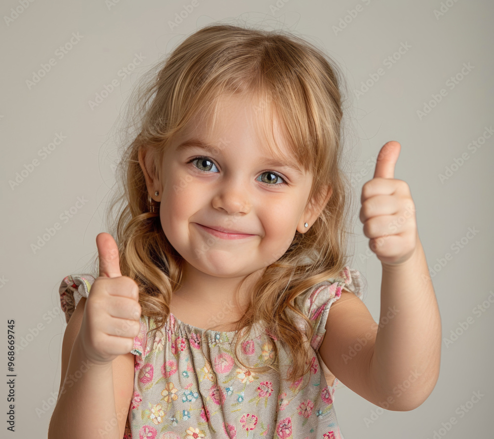 Cute little girl showing thumbs up against a white background, with ...