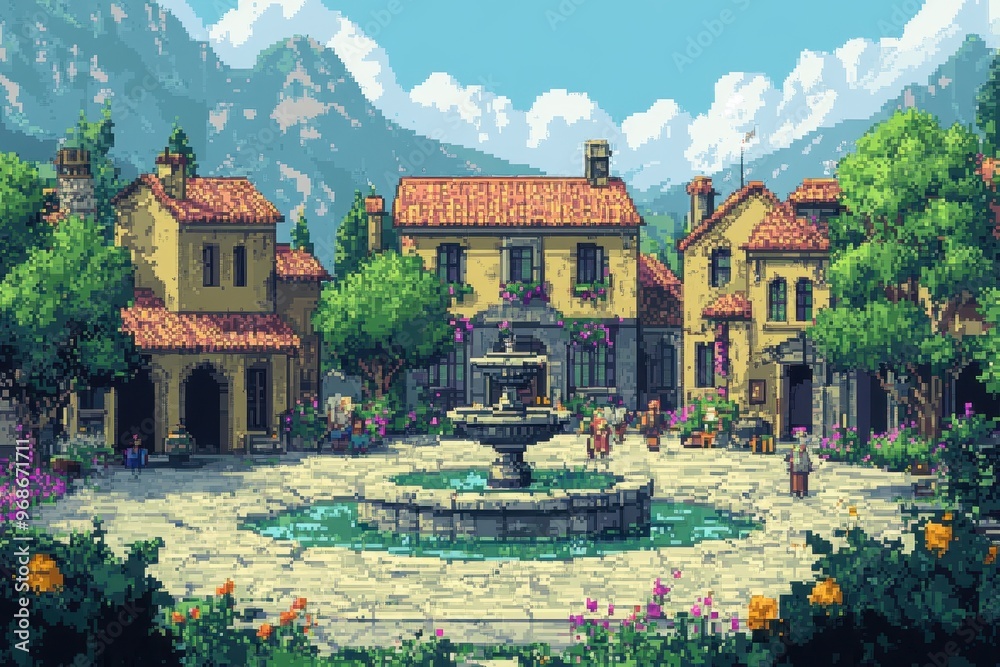 Nostalgic Pixel Art Village Scene in 16-Bit RPG Overworld with ...