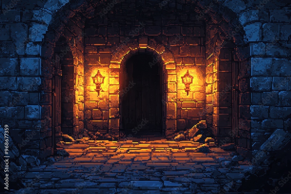 Retro 8-Bit Pixel Underground Dungeon with Glowing Torchlights and ...