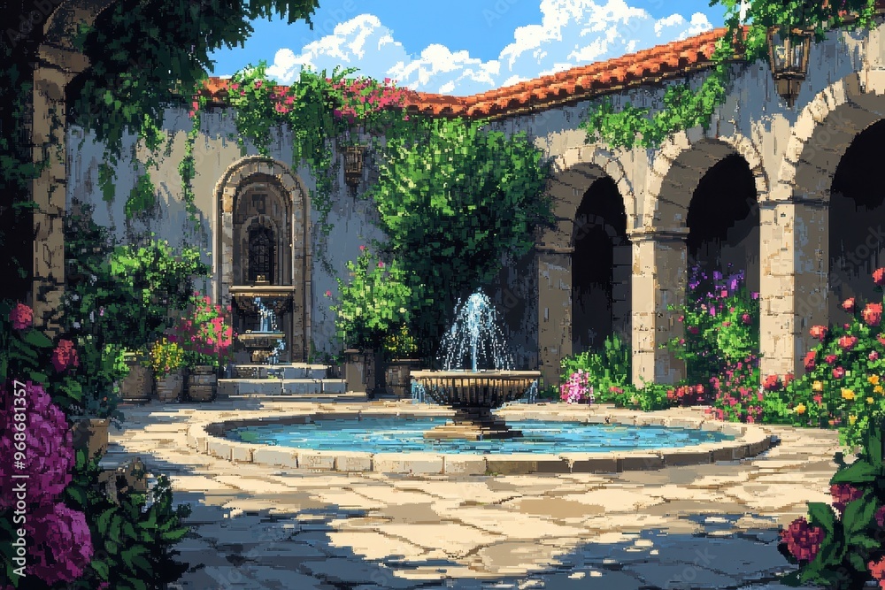 8-Bit Pixel Castle Courtyard with Royal NPCs and Fountains - Retro ...