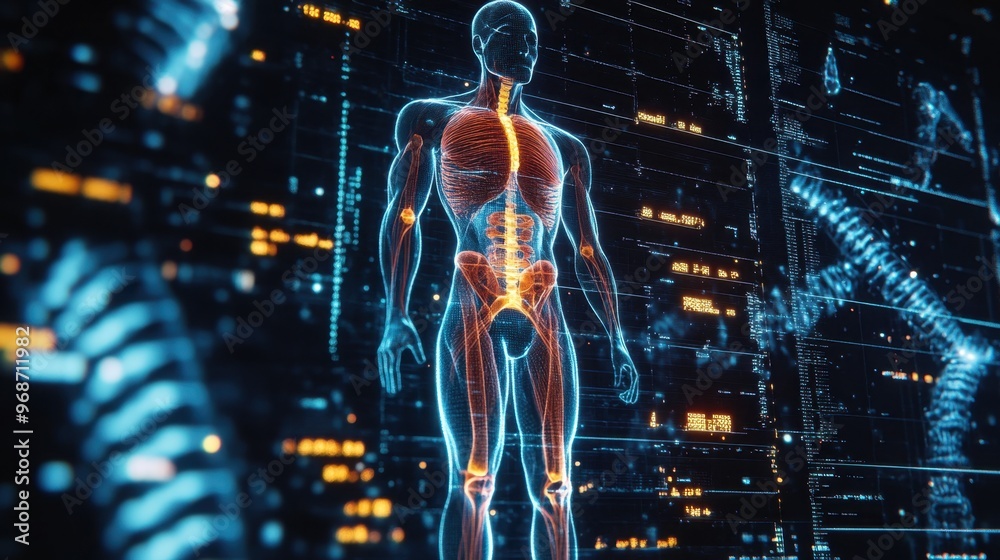 Abstract digital anatomy of the human body, featuring muscle and DNA ...