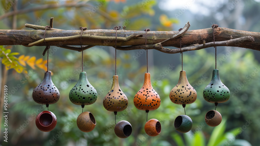 A DIY wind chime made from small, hollowed-out gourd pieces, each ...