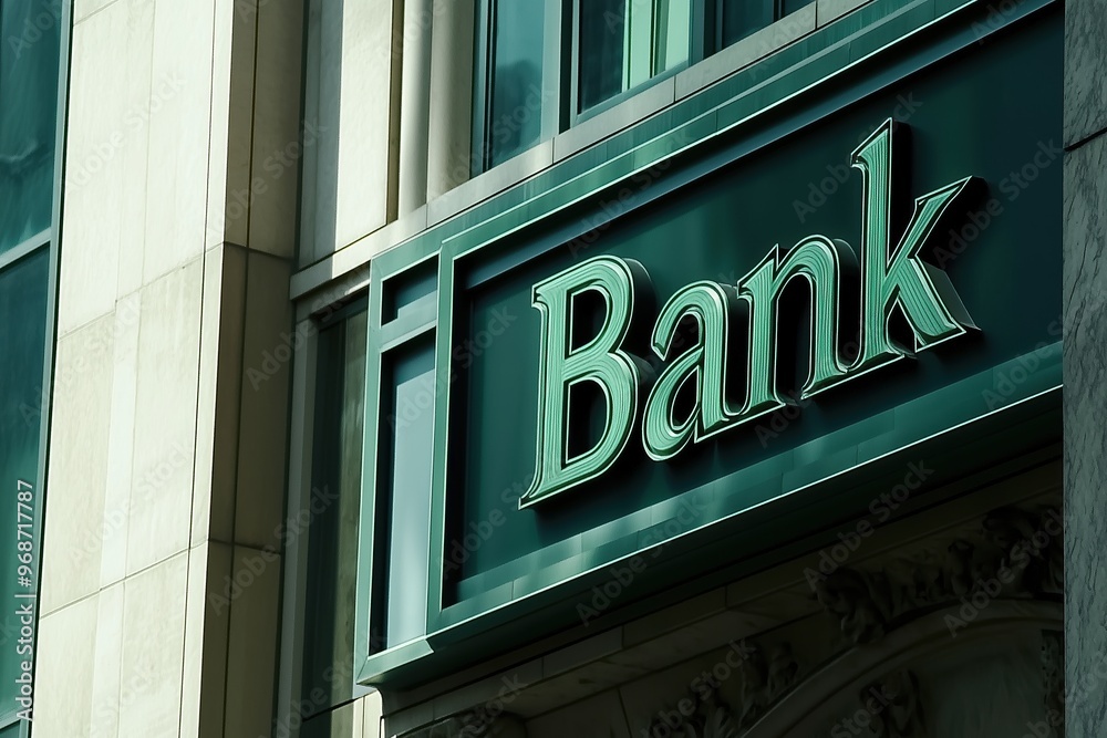 Bank sign identifying financial building in urban setting Stock Photo ...