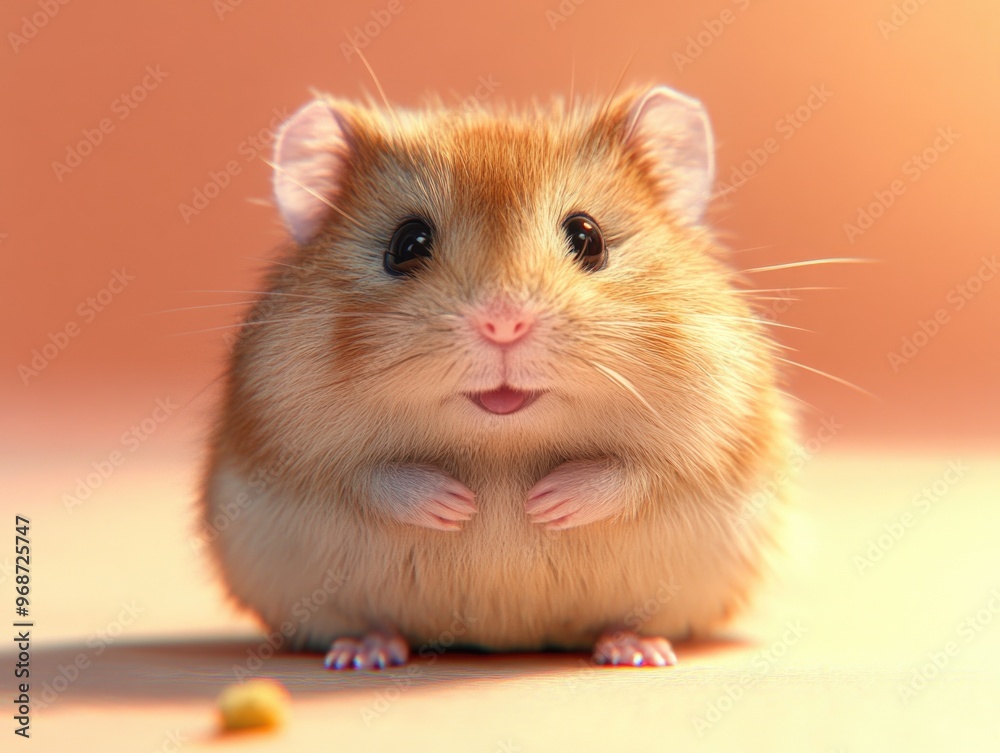 A cute hamster is sitting on a table with a piece of food in its mouth ...