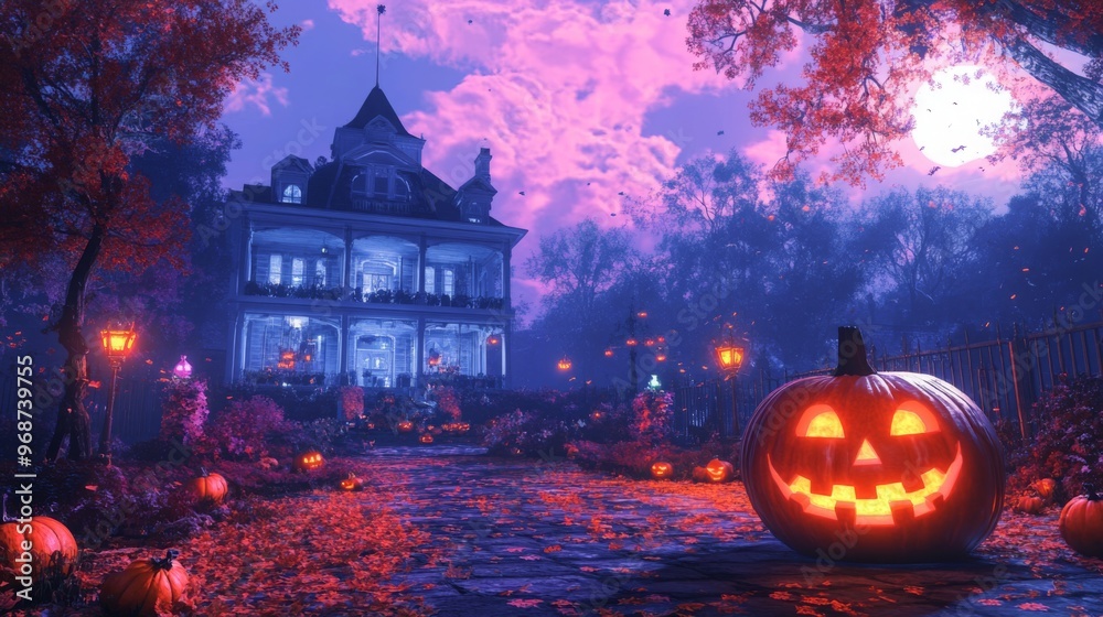 Spooky Halloween Night Scene with a Large Pumpkin in Front of a White ...